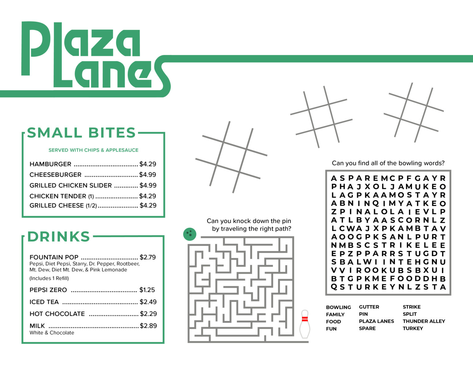 Menu - Plaza Lanes - Celina Ohio